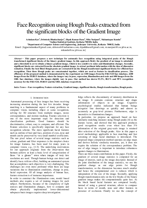 (PDF) Face Recognition using Hough Peaks extracted from the significant blocks of the Gradient Image
