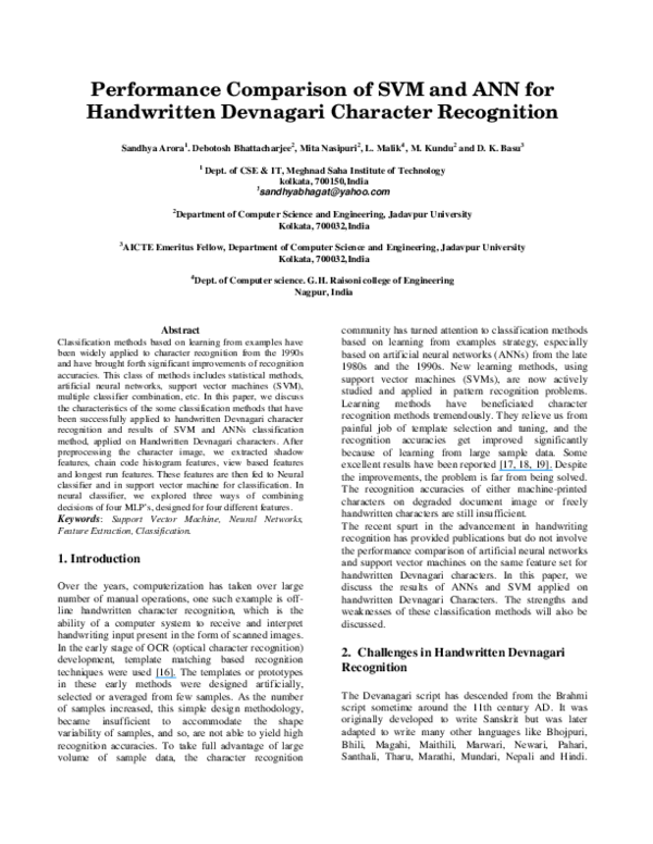 Pdf Performance Comparison Of Svm And Ann For Handwritten Devnagari