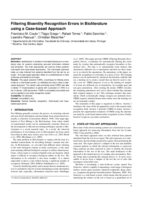 (PDF) Filtering bioentity recognition errors in bioliterature using a case-based approach