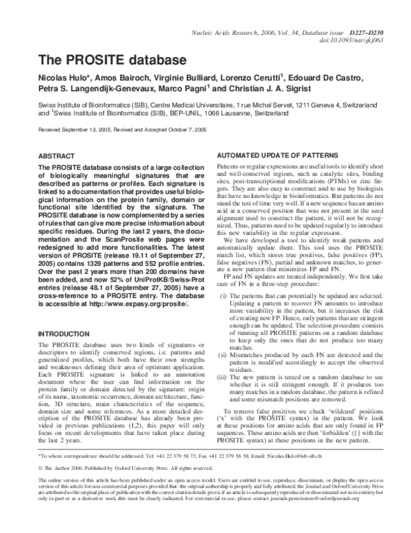 (PDF) The PROSITE database | Christian Sigrist - Academia.edu