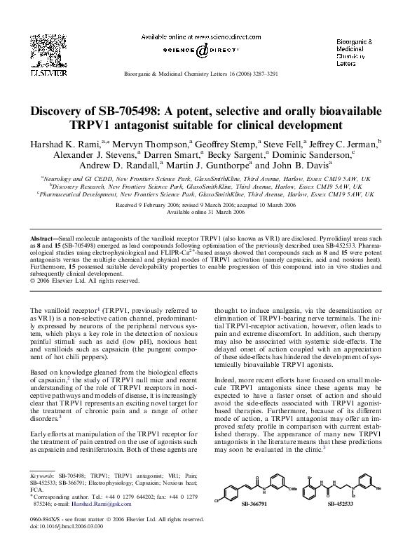 (PDF) Discovery of SB-705498: A potent, selective and orally bioavailable TRPV1 antagonist ...