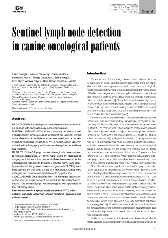 (PDF) Sentinel lymph node detection in canine oncological patients