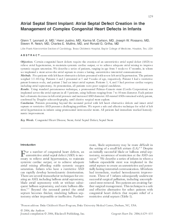 (PDF) Atrial Septal Stent Implant: Atrial Septal Defect Creation in the ...
