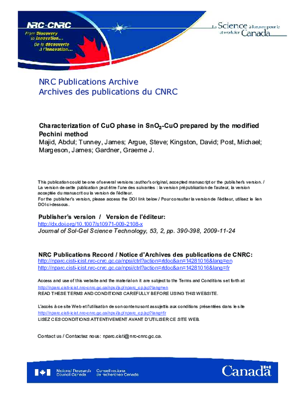 (PDF) Characterization of CuO phase in SnO2–CuO prepared by the ...