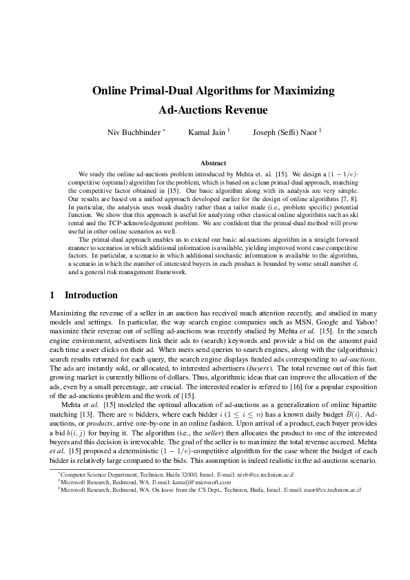 (PDF) Online Primal-Dual Algorithms for Maximizing Ad-Auctions Revenue