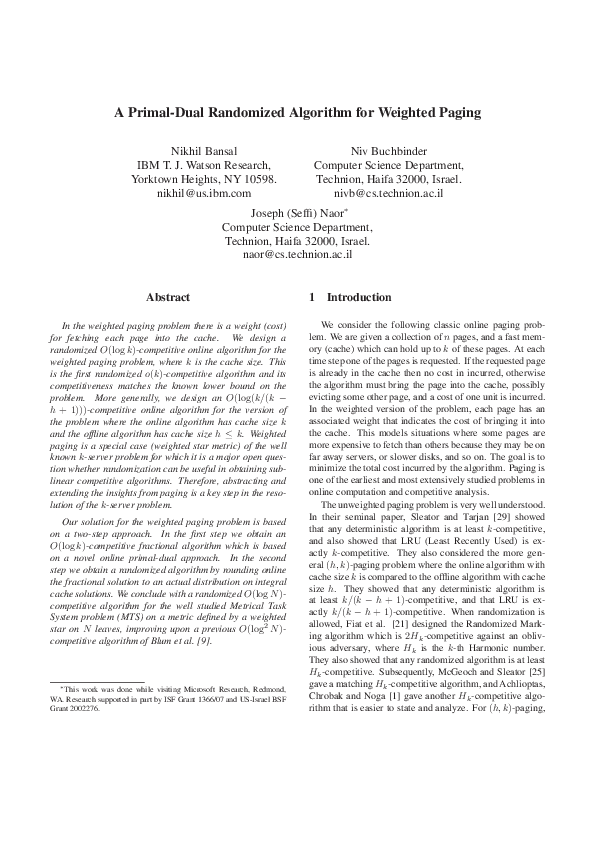 Pdf A Primal Dual Randomized Algorithm For Weighted Paging