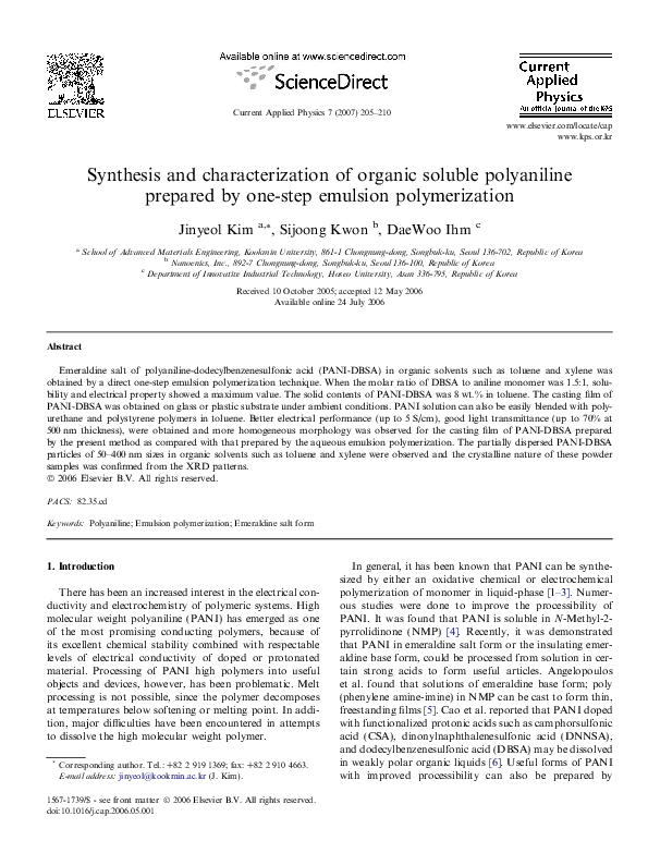 (PDF) Synthesis and characterization of organic soluble polyaniline ...