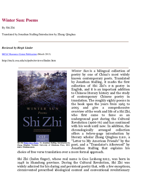 (PDF) Winter Sun: Poems by Shi Zhi