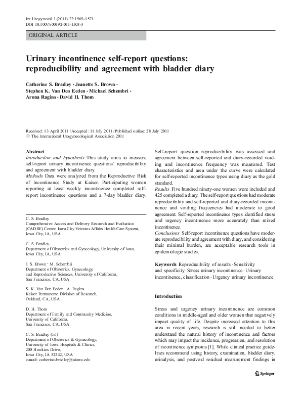 (PDF) Urinary incontinence self-report questions: reproducibility and ...