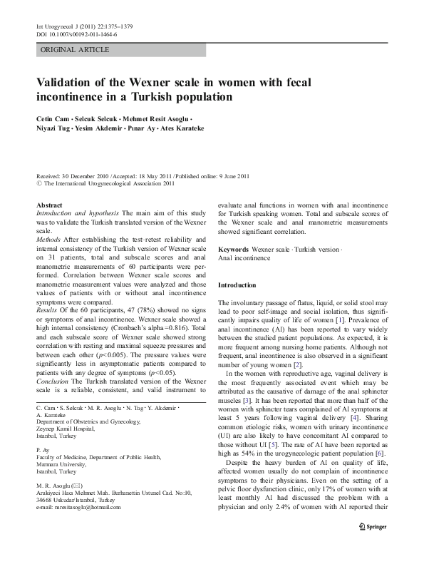 (PDF) Validation of the Wexner scale in women with fecal incontinence ...