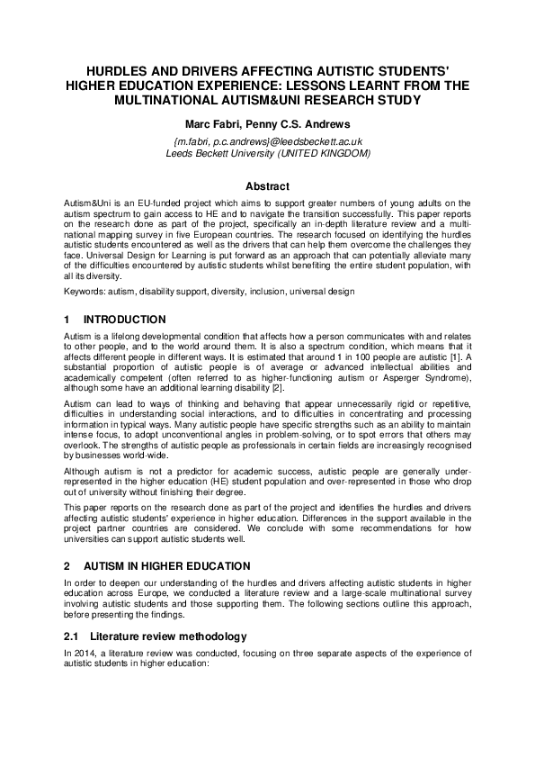 (PDF) Hurdles and Drivers Affecting Autistic Students' Higher Education ...