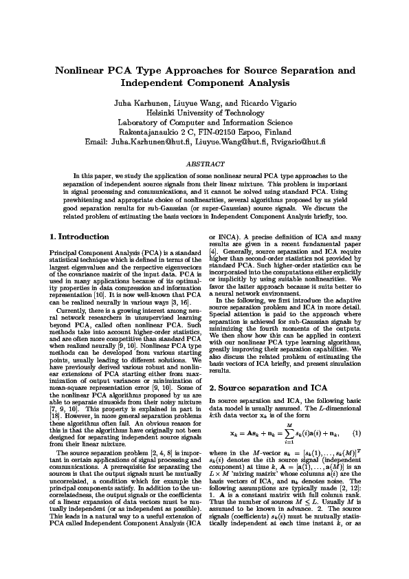 (PDF) Nonlinear PCA type approaches for source separation and independent component analysis