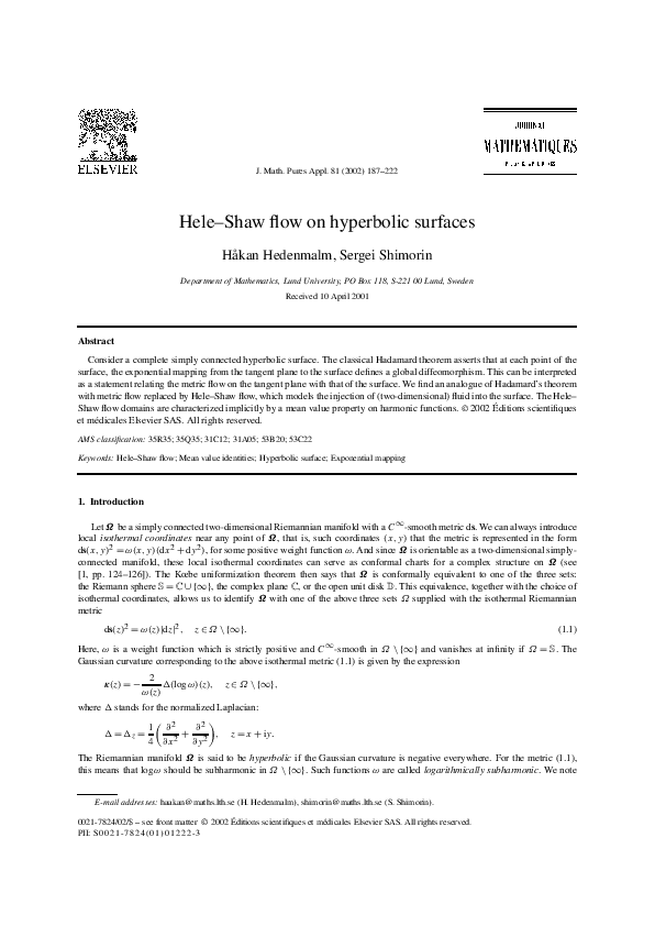 (PDF) Hele–Shaw flow on hyperbolic surfaces
