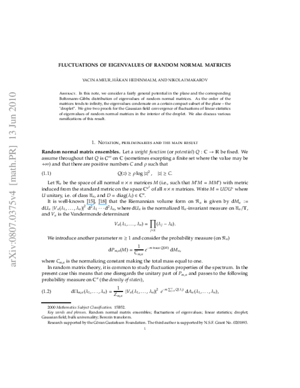 Pdf Fluctuations Of Eigenvalues Of Random Normal Matrices