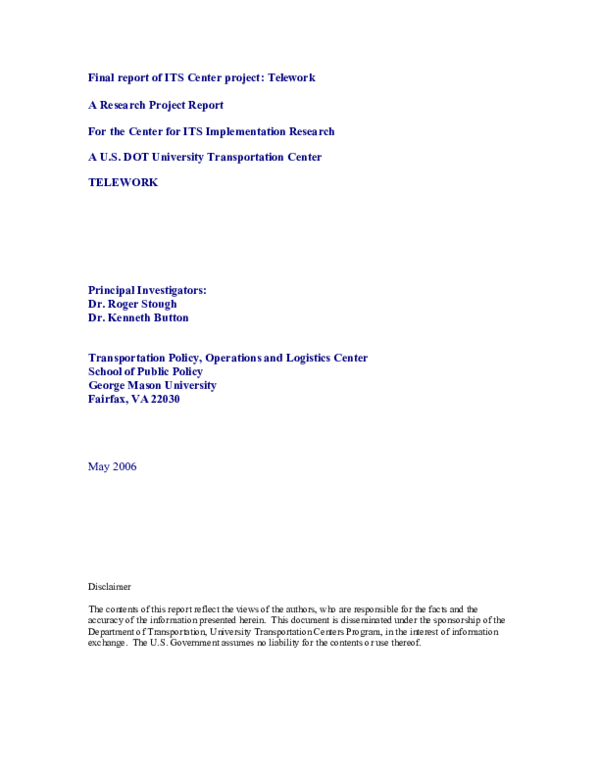 (PDF) Final report of ITS Center project: Telework A Research Project ...