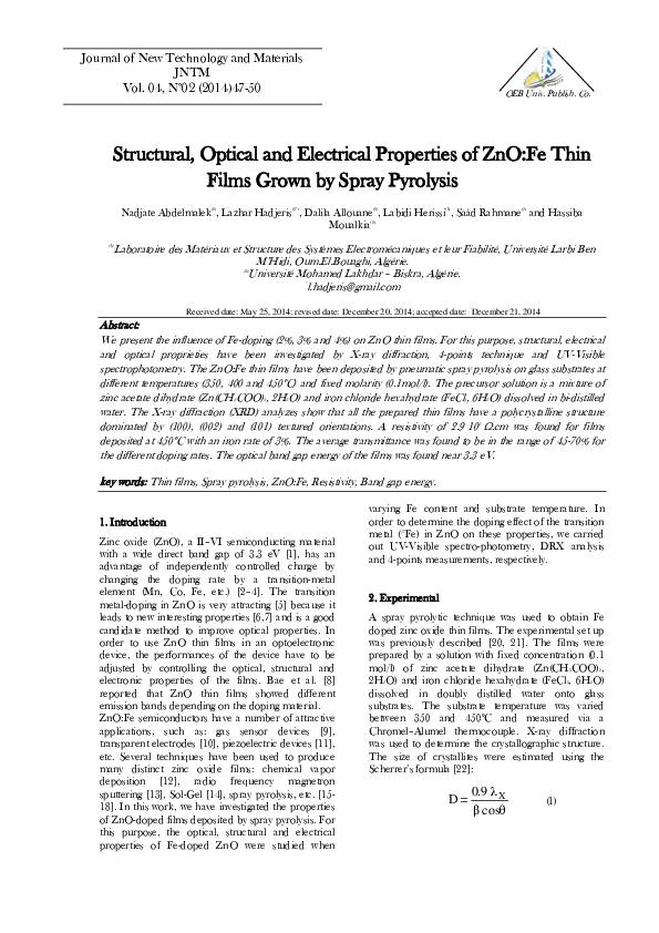 (PDF) Structural, Optical and Electrical Properties of ZnO:Fe Thin Films Grown by Spray Pyrolysis