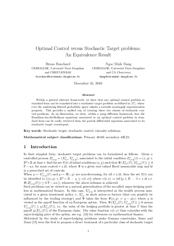 Pdf Optimal Control Versus Stochastic Target Problems An Equivalence Result