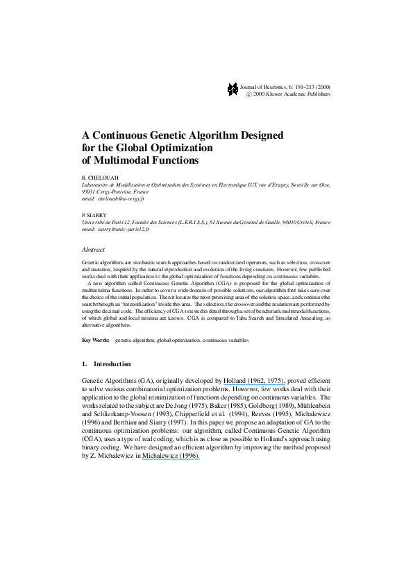 Pdf A Continuous Genetic Algorithm Designed For The Global Optimization Of Multimodal Functions