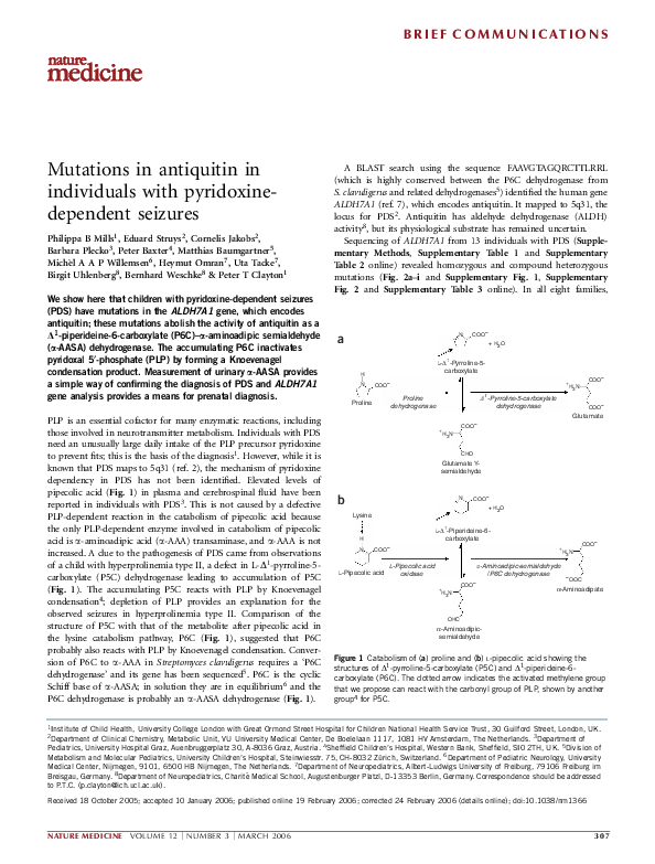 (PDF) Mutations in antiquitin in individuals with pyridoxine-dependent ...
