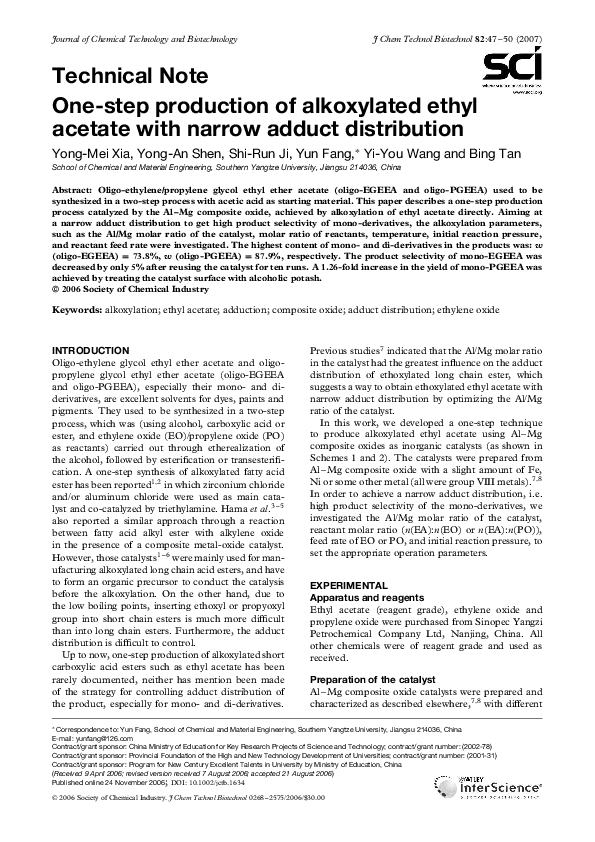 (PDF) One-step production of alkoxylated ethyl acetate with narrow ...