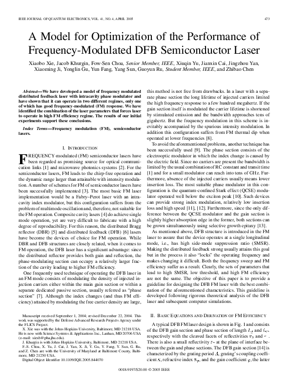 Pdf A Model For Optimization Of The Performance Of Frequency Modulated Dfb Semiconductor Laser
