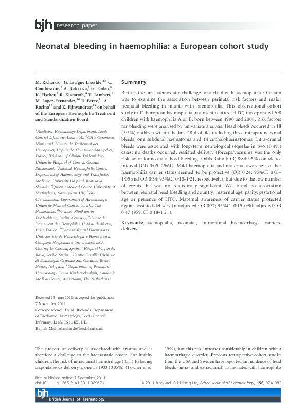 (PDF) Neonatal bleeding in haemophilia: a European cohort study
