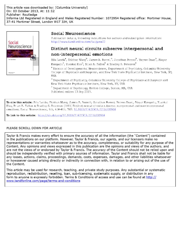 (PDF) Distinct neural circuits subserve interpersonal and non-interpersonal emotions