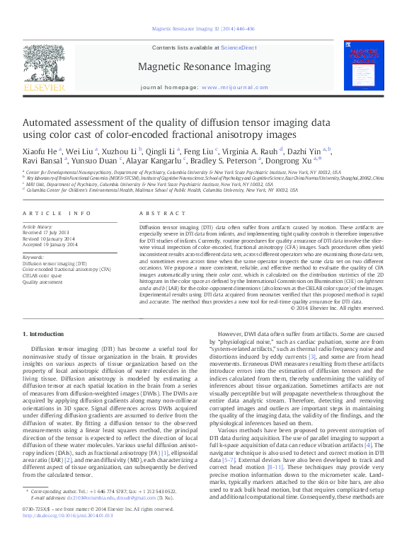 (PDF) Automated assessment of the quality of diffusion tensor imaging data using color cast of ...