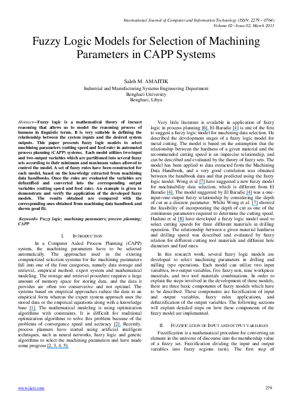 Pdf Fuzzy Logic Models For Selection Of Machining Parameters In Capp Systems