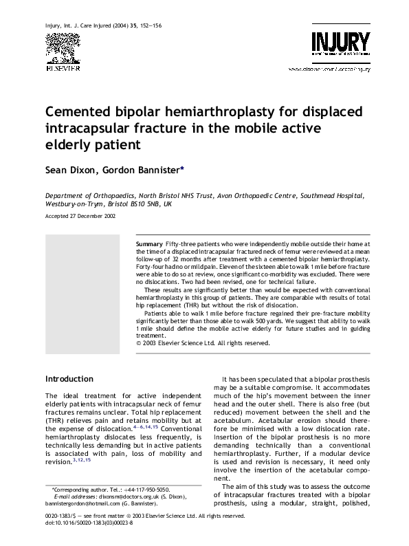 (PDF) Cemented bipolar hemiarthroplasty for displaced intracapsular ...
