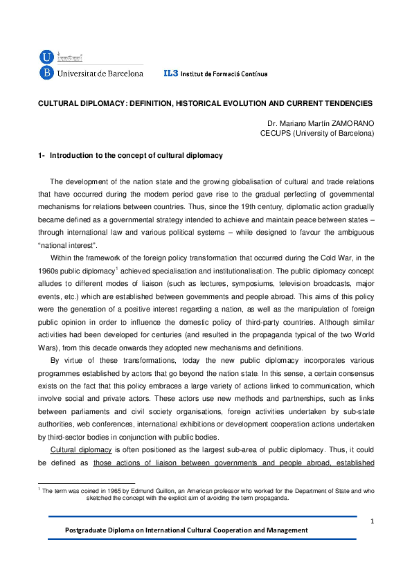 (PDF) Cultural diplomacy: Definition, historical evolution and current ...