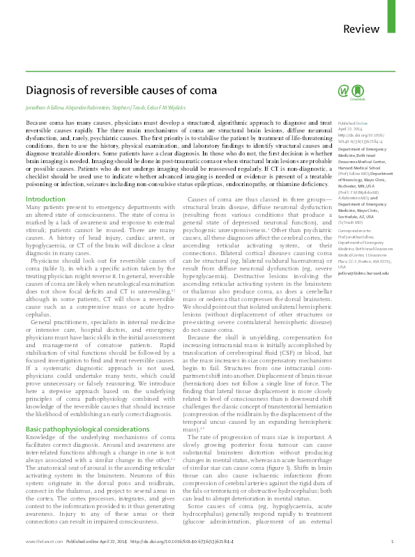 (PDF) Diagnosis of reversible causes of coma
