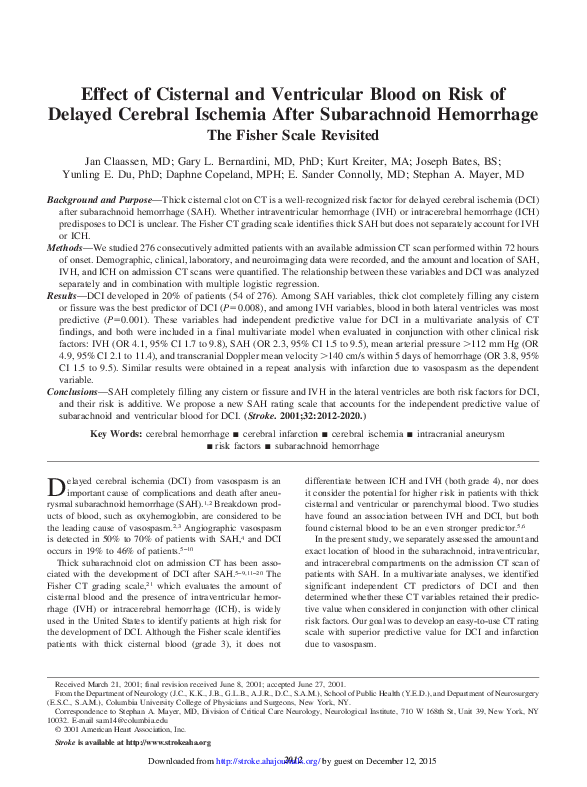 (PDF) Effect of Cisternal and Ventricular Blood on Risk of Delayed Cerebral Ischemia After ...