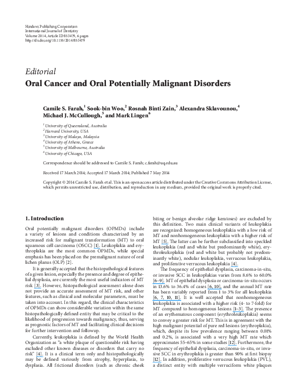 (PDF) Oral Cancer and Oral Potentially Malignant Disorders | Michael ...