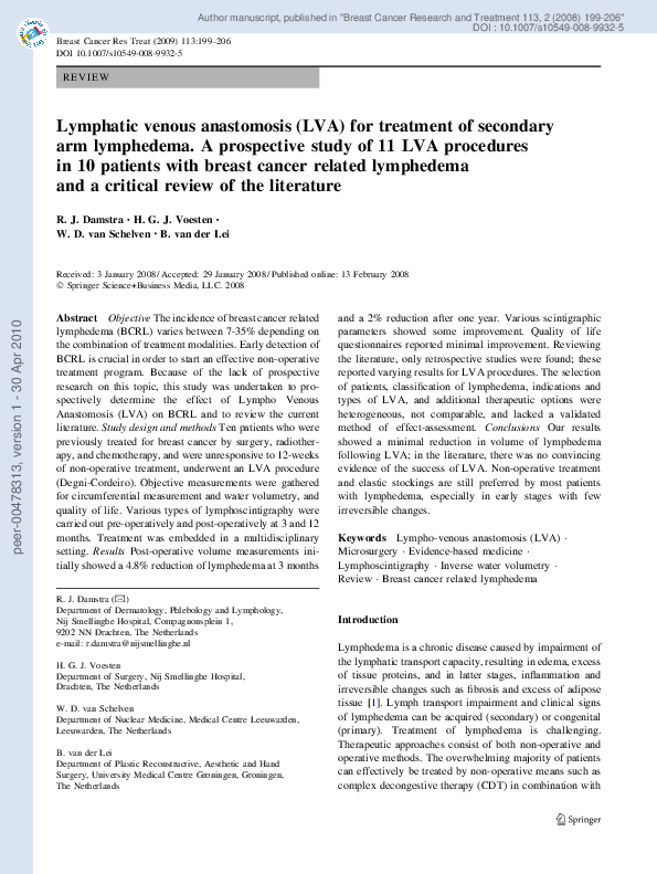 (PDF) Efficacy of Lymphatic Venous Anastomosis in BCRL