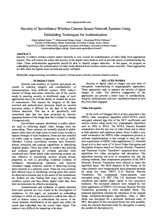 (PDF) Security of Surveillance Wireless Camera Sensor Network Systems using Embedding Techniques ...