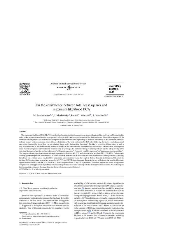 Pdf On The Equivalence Between Total Least Squares And Maximum Likelihood Pca