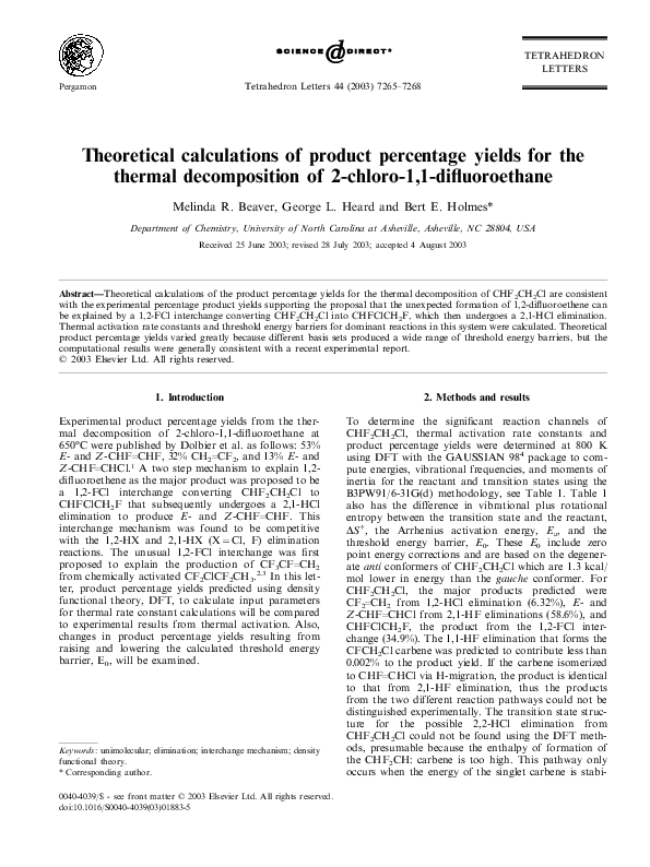 (PDF) Theoretical calculations of product percentage yields for the ...
