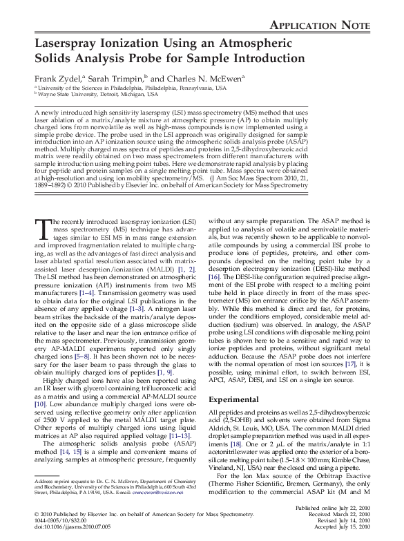 (PDF) Laserspray Ionization Using an Atmospheric Solids Analysis Probe ...