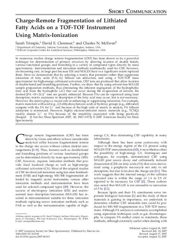 (PDF) Charge-remote fragmentation of lithiated fatty acids on a TOF-TOF ...