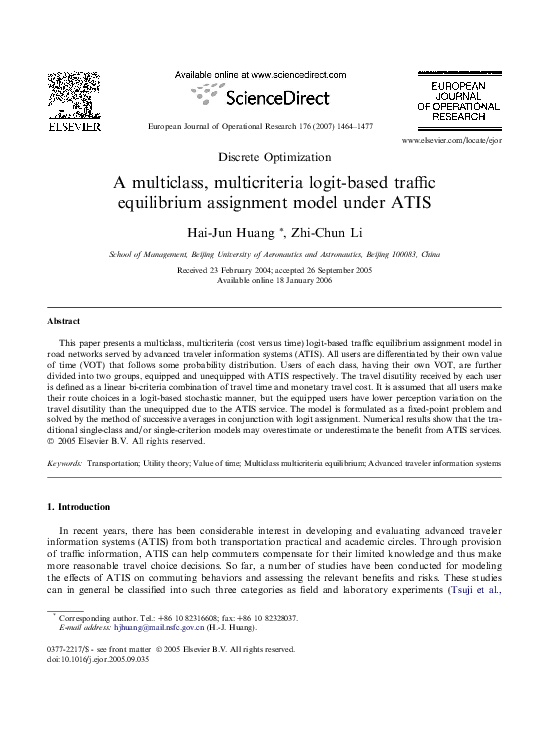 Pdf A Multiclass Multicriteria Logit Based Traffic Equilibrium Assignment Model Under Atis