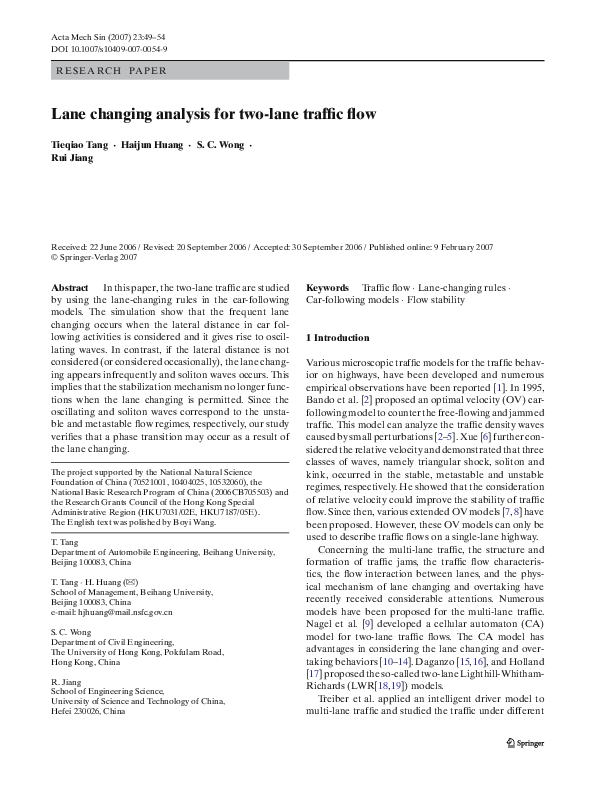 (PDF) Lane changing analysis for two-lane traffic flow