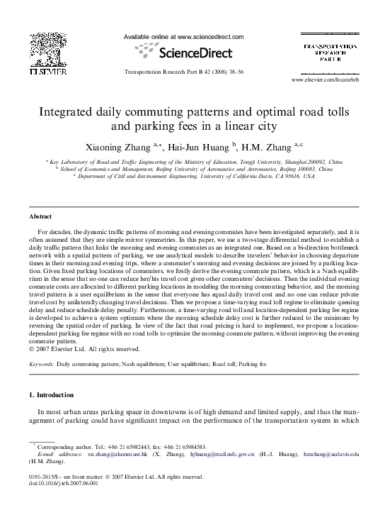 (PDF) Integrated daily commuting patterns and optimal road tolls and parking fees in a linear city