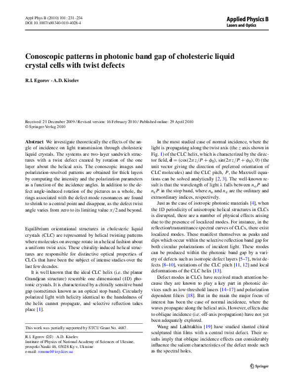(PDF) Conoscopic patterns in photonic band gap of cholesteric liquid ...