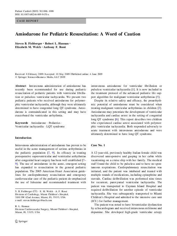 (PDF) Amiodarone for Pediatric Resuscitation: A Word of Caution