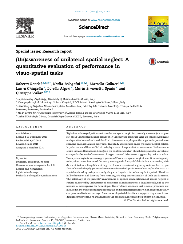 (PDF) (Un)awareness of unilateral spatial neglect: A quantitative evaluation of performance in ...