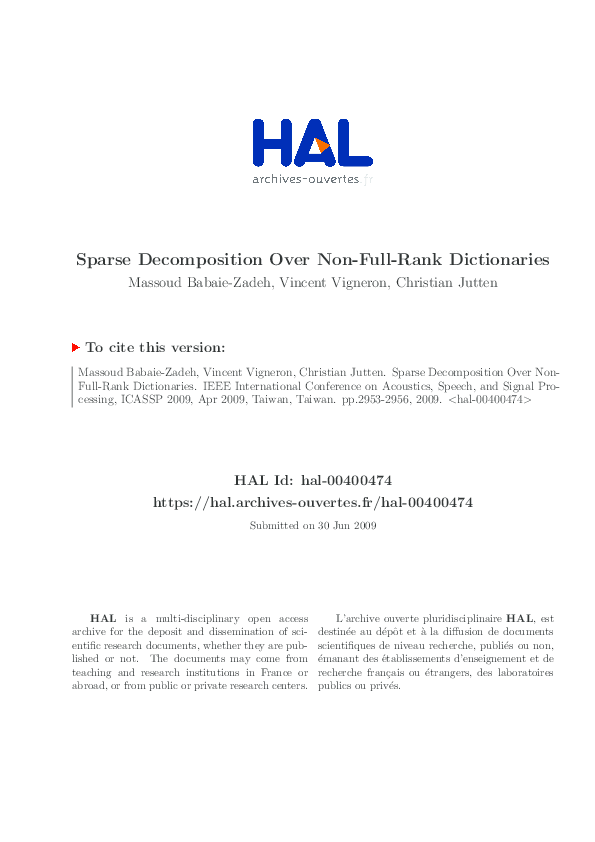 (PDF) Sparse Decomposition over non-full-rank dictionaries