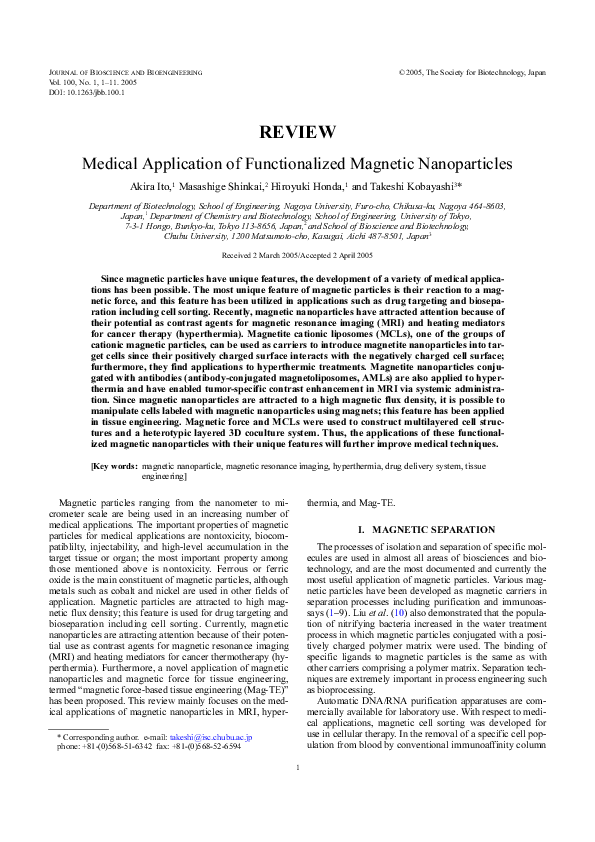 (PDF) Medical application of functionalized magnetic nanoparticles