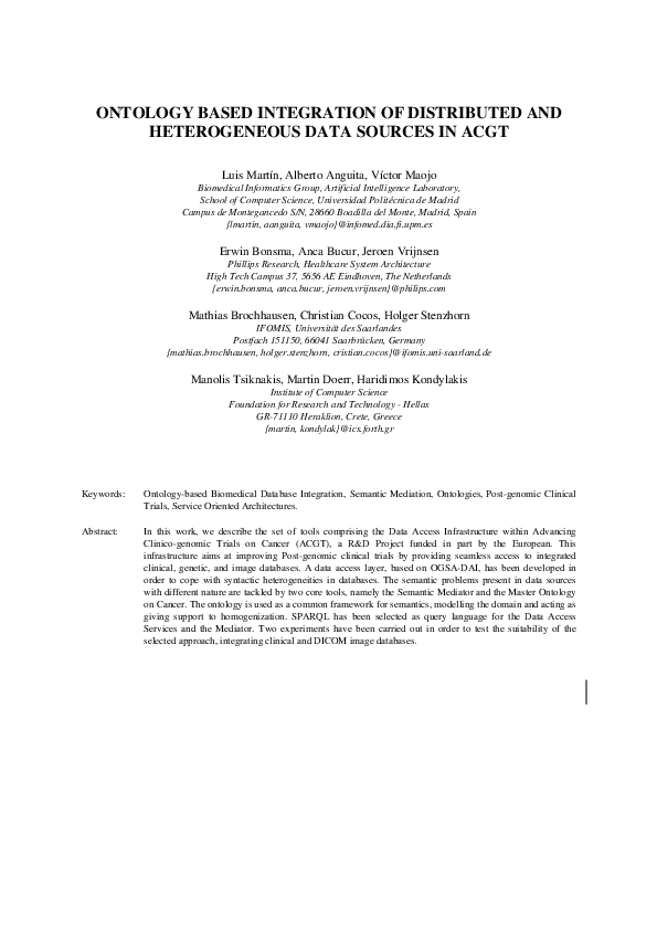 (PDF) Ontology Based Integration of Distributed and Heterogeneous Data Sources in ACGT