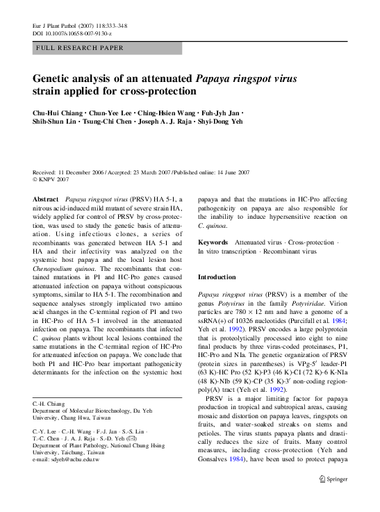 (PDF) Genetic analysis of an attenuated Papaya ringspot virus strain ...